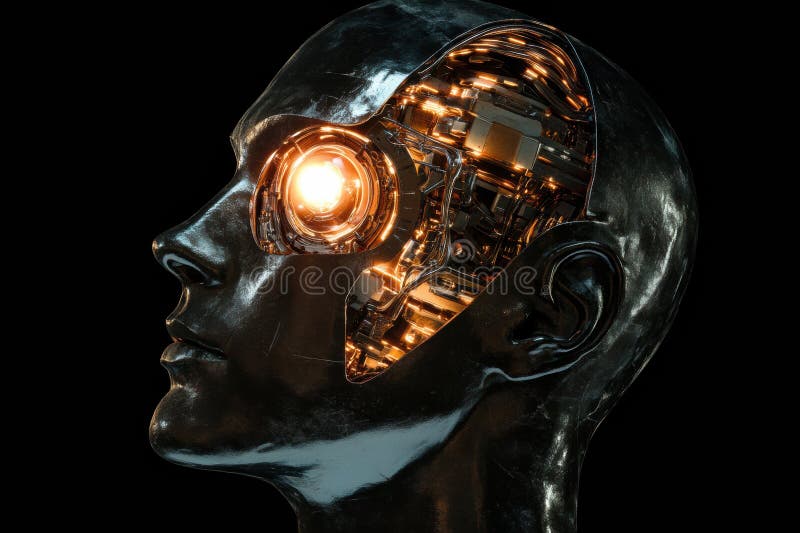 Side Profile View of a Futuristic Human Head Showcasing Mechanical ...