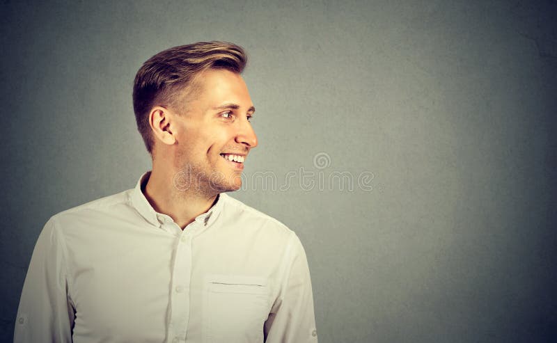 Side Profile Young Man Looking at His Side Smiling Stock Photo - Image ...