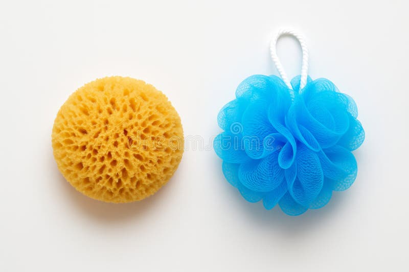Natural Bath Sponge and Modern Blue Shower Puff Comparison Stock ...