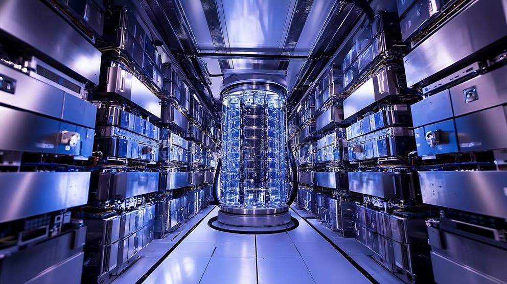 Side-by-side Visuals of a Glowing Quantum Computer and a High-tech Stock Illustration ...