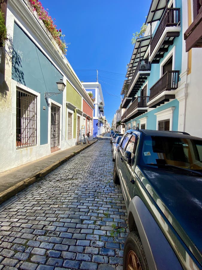 Street in Puerto Rico with Blue Bricks Stock Photo - Image of street ...