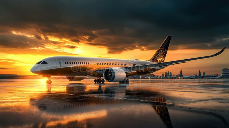 Side View of Aircraft at the Terminal at Sunset. Stock Image - Image of ...