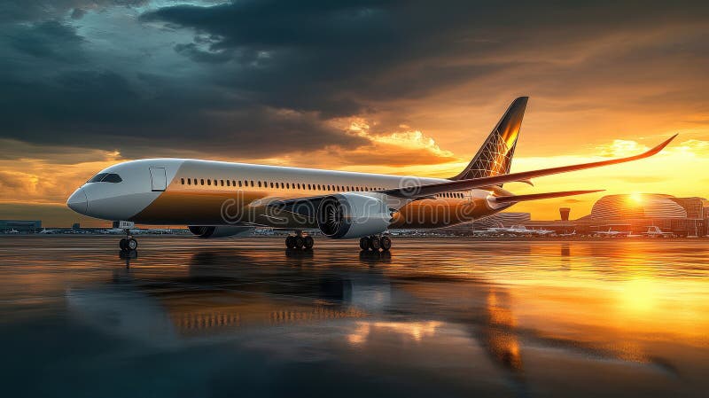 Side View of Aircraft at the Terminal at Sunset. Stock Photo - Image of ...