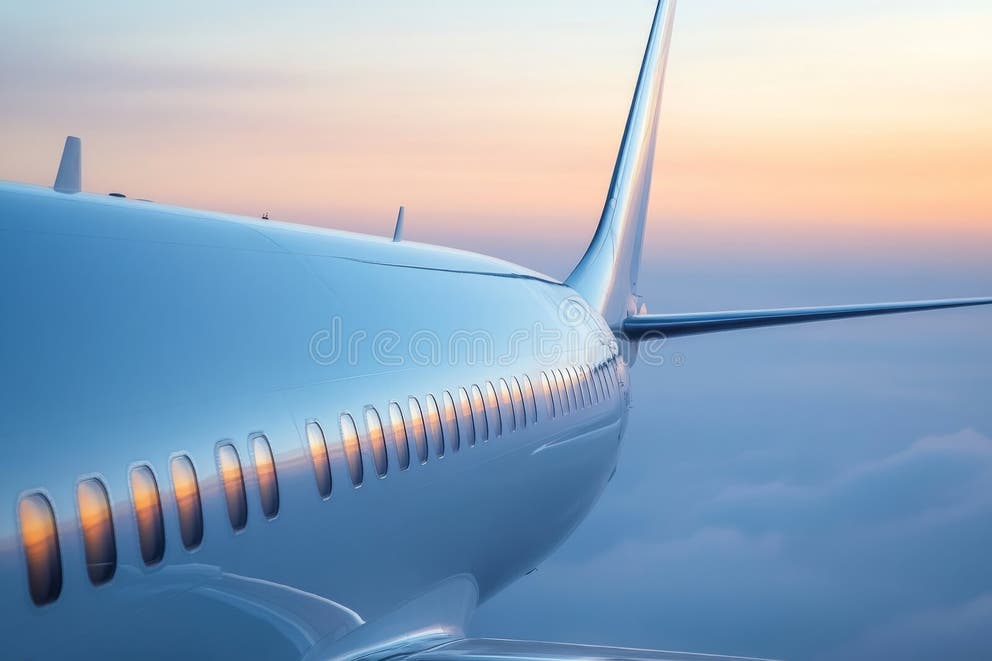Side View of Airplane Fuselage with Winglet and Sunset Reflection on ...