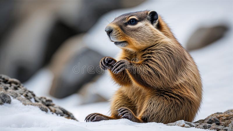 Side View of Alpine Marmot Sitting with Forepaws Together, Thick Fur ...