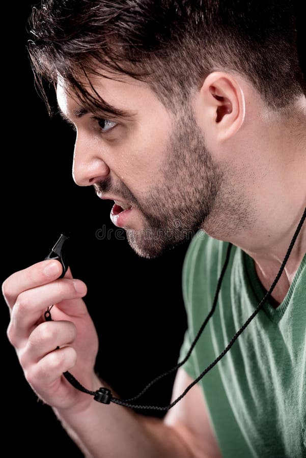 Side View of Angry Man Holding Sport Whistle Stock Photo - Image of ...