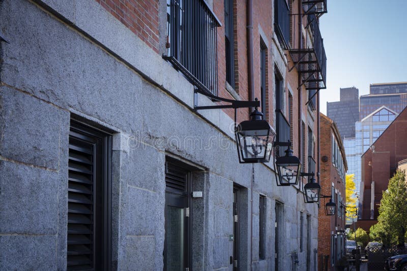 Side View of Apartment Building Facade with Hanging Lanterns. Stone and ...
