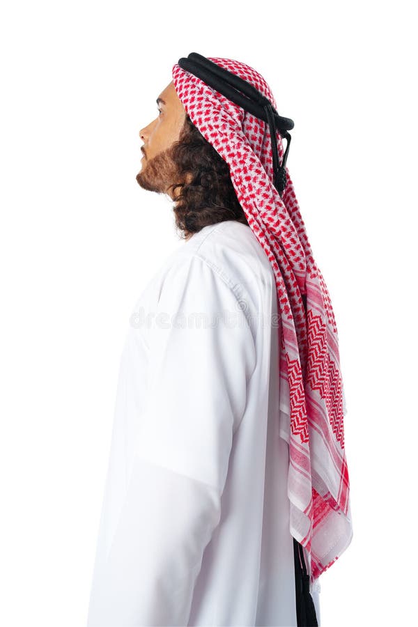 Back View of an Arab Man in Thobe Standing on White Isolated Background ...