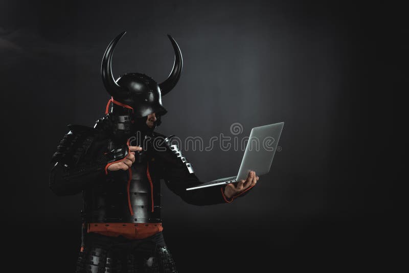 Side View of Armored Samurai Using Laptop Stock Photo - Image of male ...