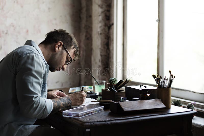 Side View of Artist Man Drawing Art Work Stock Image - Image of ...