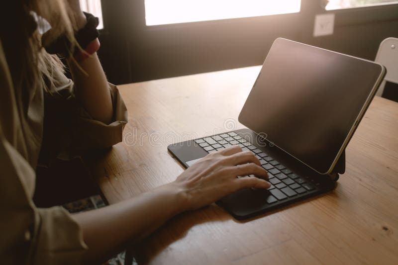 Side View of Asian Thai Woman Hand Typing Keyboard, Using Laptop for ...