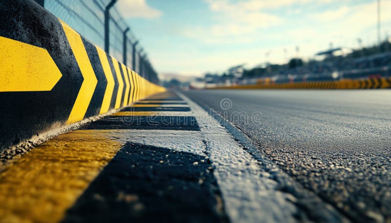 Side View of Asphalt Racing Track with Yellow and Black Arrow Concrete ...