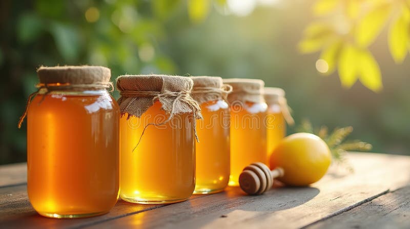 Side View of Honey Jars on Wooden Table in Natural Sunlight Stock ...