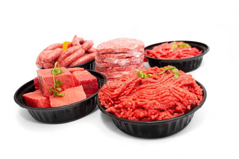 Side View of Assorted Raw Beef Cuts, Minced Meat, Sausages, and Burger ...