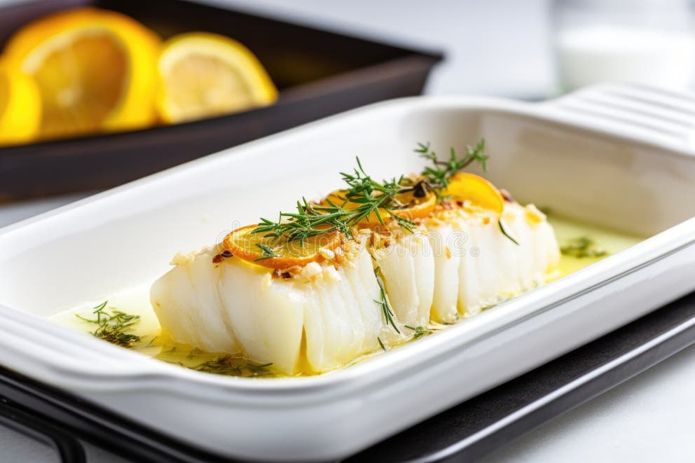 Side View of Baked Cod with Lemon Garnish, Wide Frame Stock Image ...