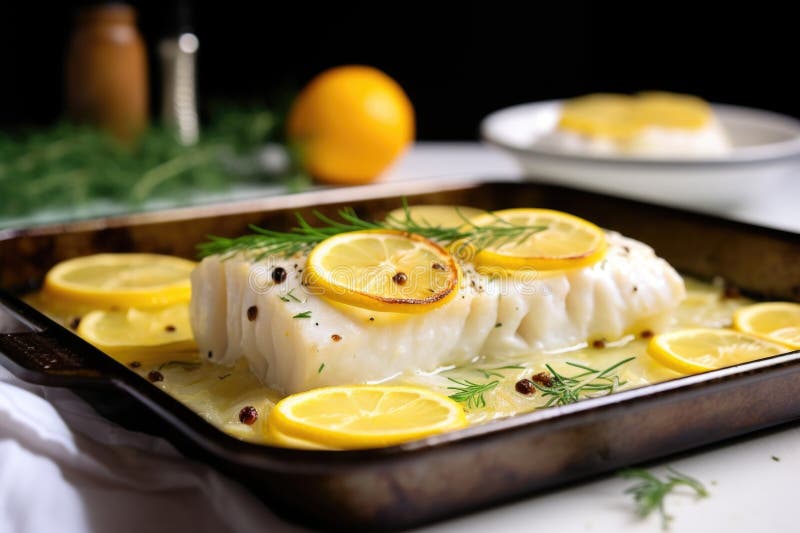 Side View of Baked Cod with Lemon Garnish, Wide Frame Stock Image ...