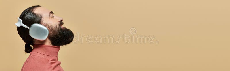 Side View Banner, Pleased Bearded Man Stock Photo - Image of pleased ...