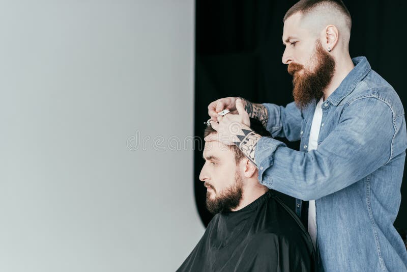 Side View of Barber Cutting Customer Hair Stock Photo - Image of ...