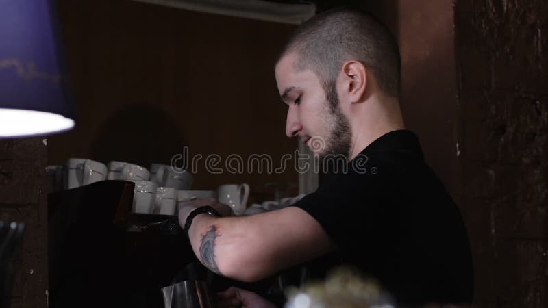 Side View of Bartender Pushing the Button on Coffee Machine Stock ...