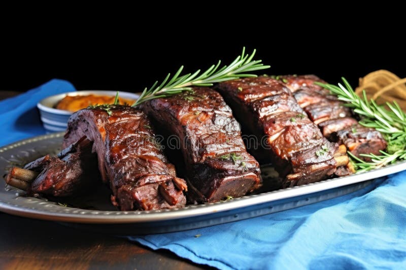 Side View of Bbq Beef Ribs on a Blue Platter Stock Illustration ...