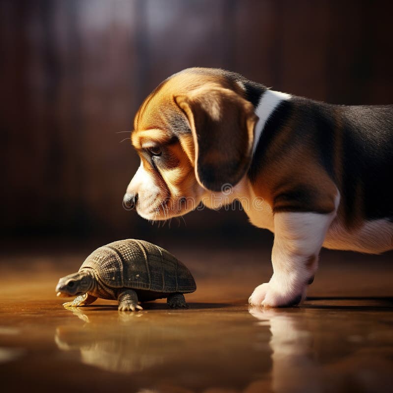 Side View of a Beagle Puppy Sniffing a Turtle Made with Generative AI ...
