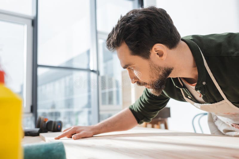 Side View of Bearded Carpenter Checking Stock Image - Image of restorer ...