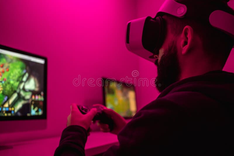 Bearded Guy Enjoying VR Game in Dark Room Stock Image - Image of ...