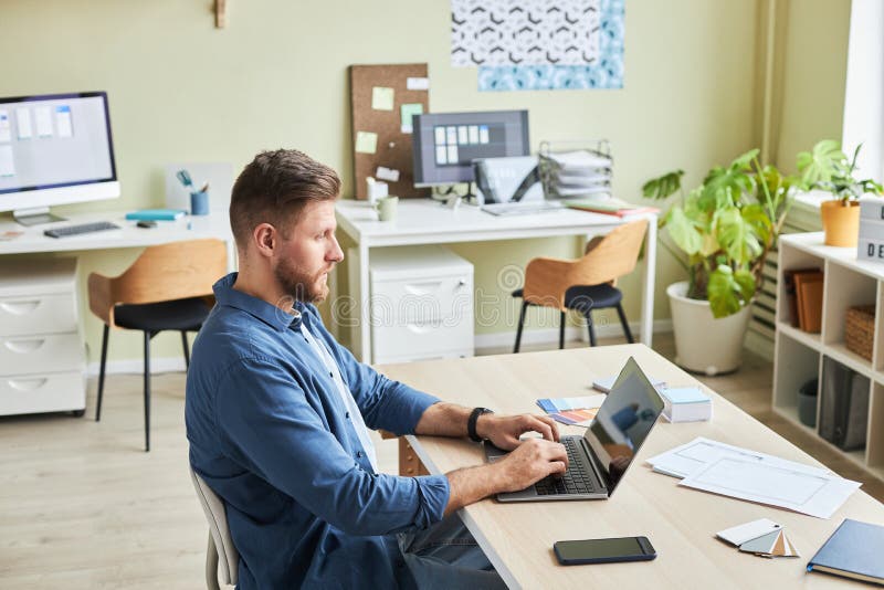 Side View Bearded Young Man Using Laptop Working in Cozy Office Stock ...