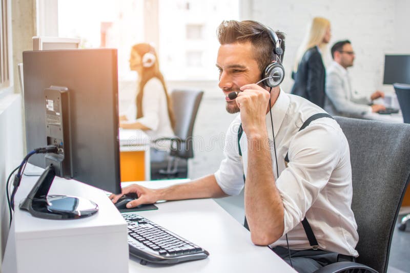 Side View of Beautiful Handsome Operator Man Agent with Headset Working ...