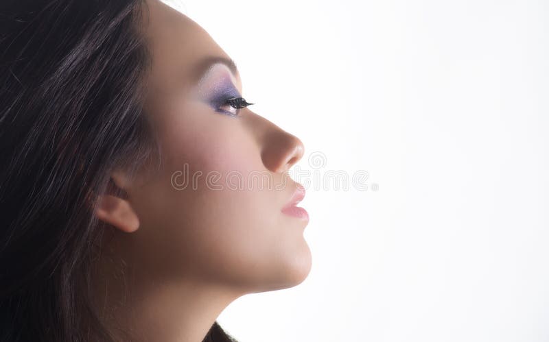 Side View Of Beautiful Model Portrait With Black Hair Over Whit Stock ...