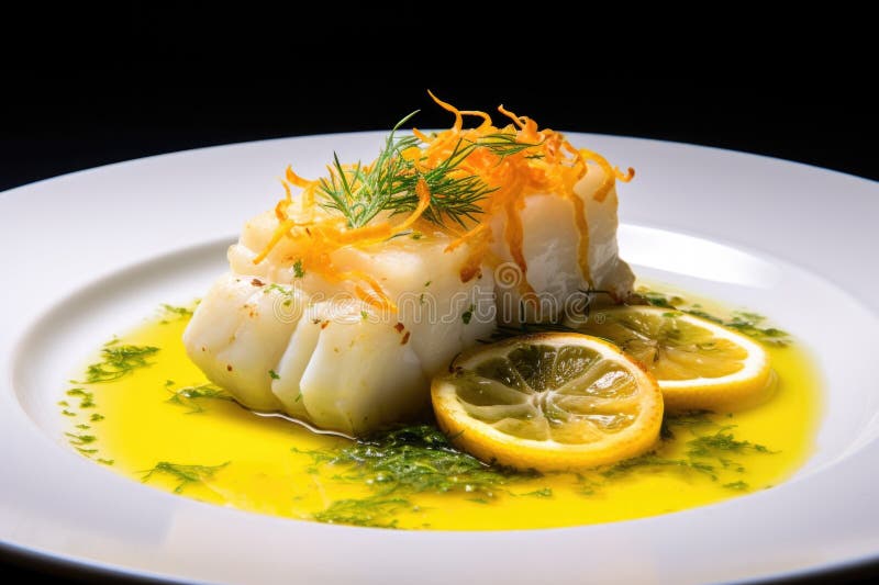 A Side View of a Beautifully Plated Baked Cod Dish with Lemon Stock ...