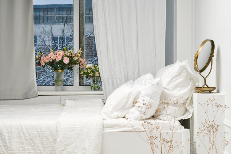 Side View of a Bed with Pillows Stock Image - Image of home, comfort ...