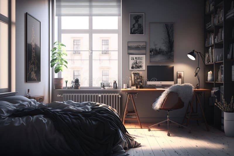 Side View of Bedroom with Study Corner Stock Illustration - Illustration of table, lamp: 271426611