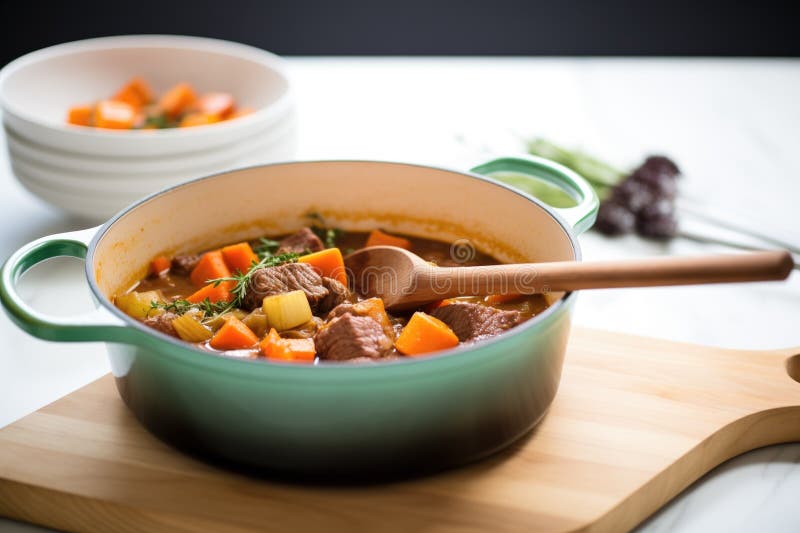 Side View of Beef Stew in a Cast Iron Pot, Wooden Spoon beside Stock ...