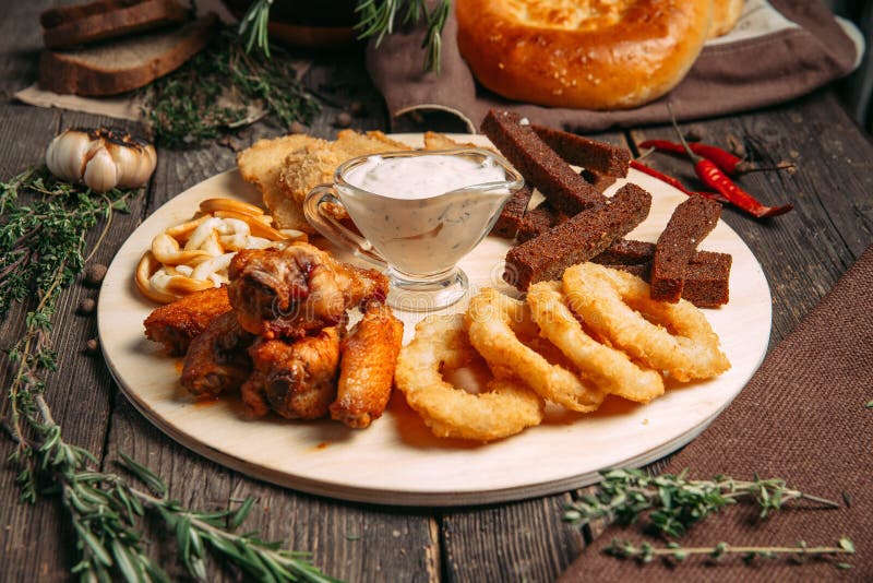 Side View on Beer Snacks Set on the Board Stock Image - Image of ...