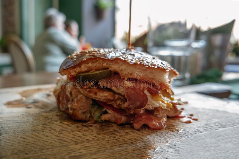 Big Tasty Burger on the Wooden Table Stock Image - Image of dinner ...
