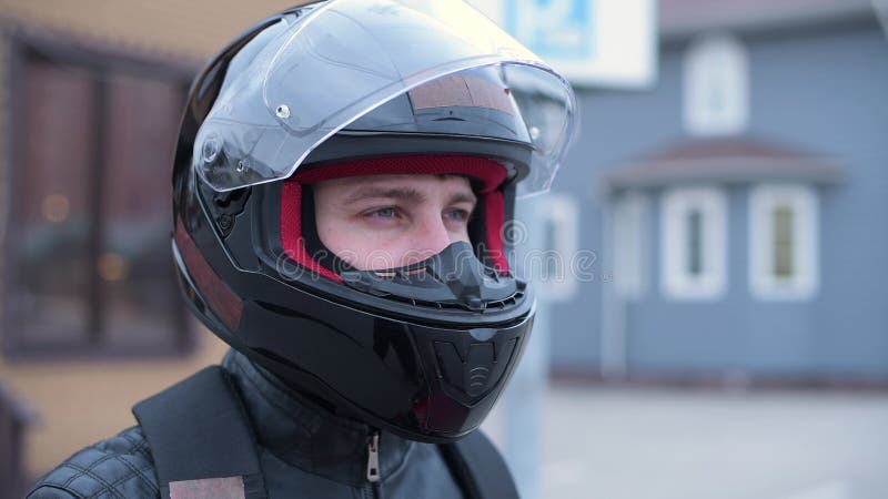 Side View of a Biker in a Helmet with an Open Visor. Stock Footage ...