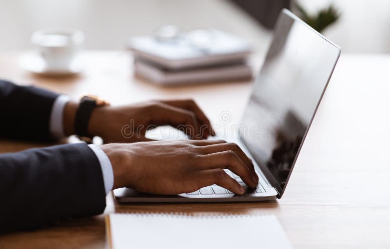 Side View of Black Manager Typing on Modern Laptop Stock Image - Image ...