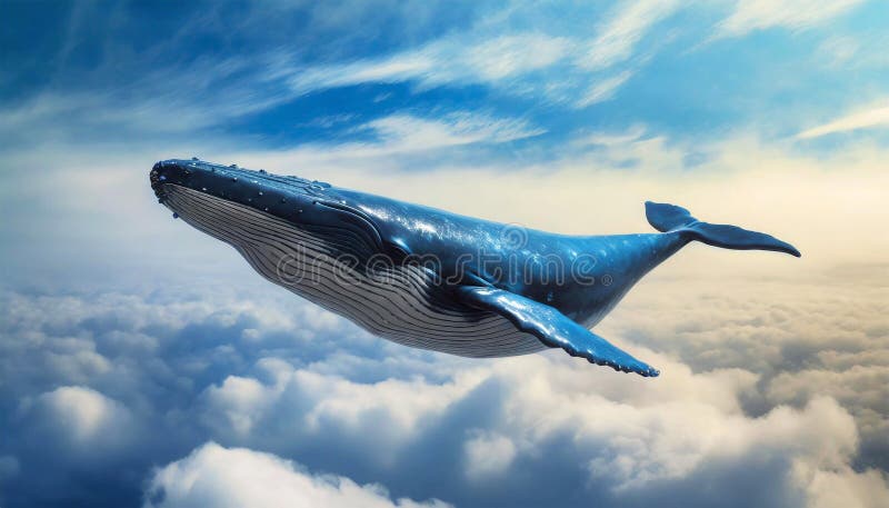Blue Humpback Whale Flying in a Clear Sky Above the Clouds - Generative ...