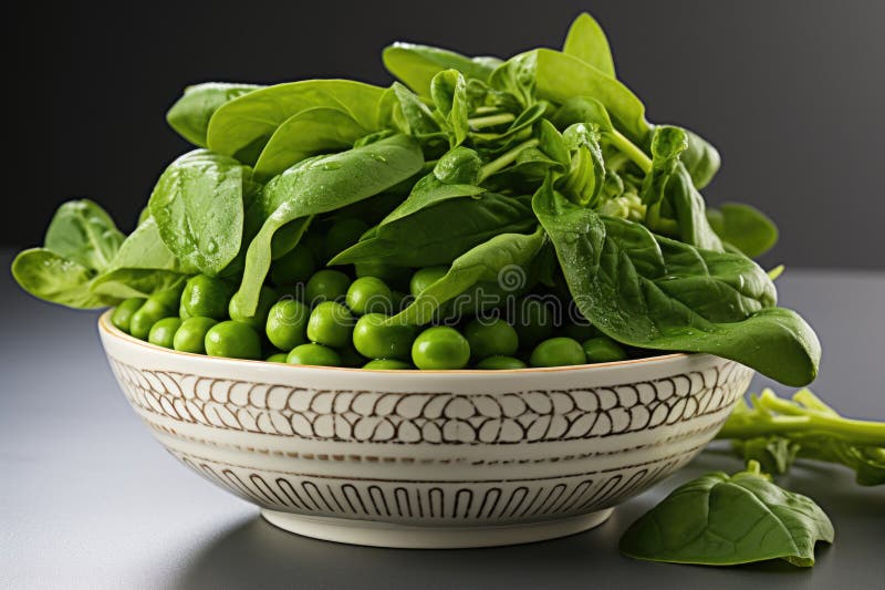 Side View of the Bowl Full of Green Pea with Spinach and Lettuce on the ...