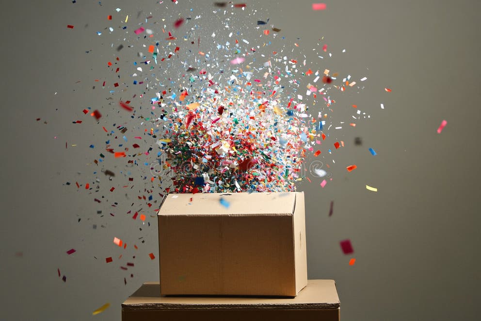 Side View of Box with Confetti Explosion on Grey Stock Illustration ...