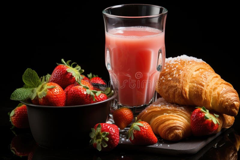 Side View of Breakfast with Corn Flakes, Strawberries, Juice and ...