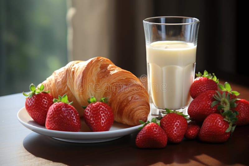 Side View of Breakfast with Corn Flakes, Strawberries, Juice and ...