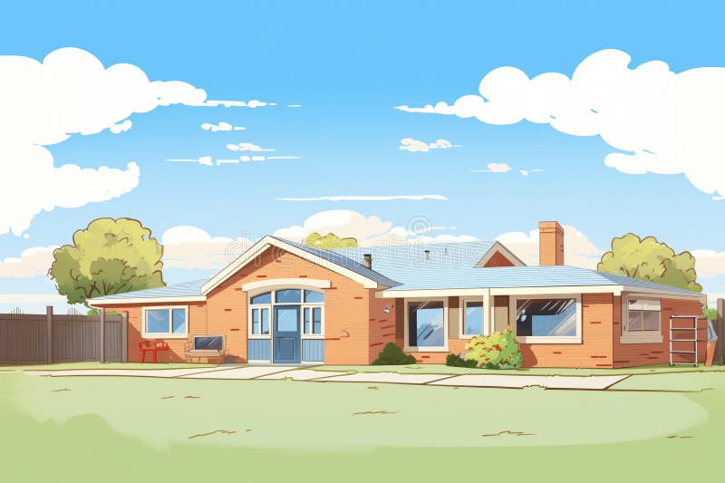 Side View of a Brick Ranch with a Clear, Blue Sky Backdrop, Magazine ...