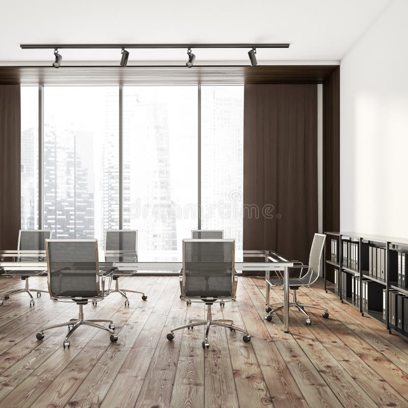 Side View on Bright Office Interior with Empty White Wall Stock ...