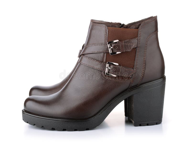 Side View of Brown Leather Woman Winter Boots Stock Image - Image of ...