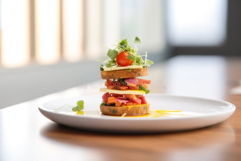 Side View, Bruschetta Stack on Plate, Layered Tomato and Cheese Stock ...