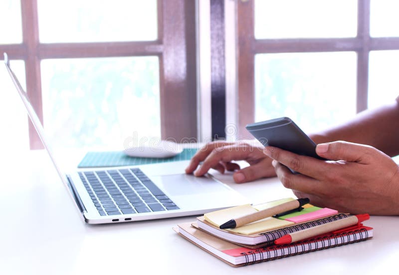 Side View,businessman Holding Smartphone .office Table Desk. Wo Stock ...