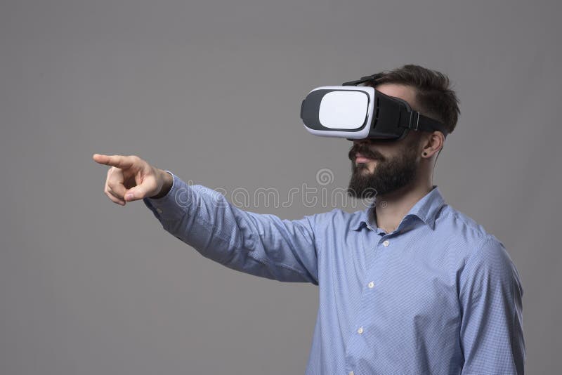 Side View of Business Man Wearing Vr Glasses Outstretching Hand and ...