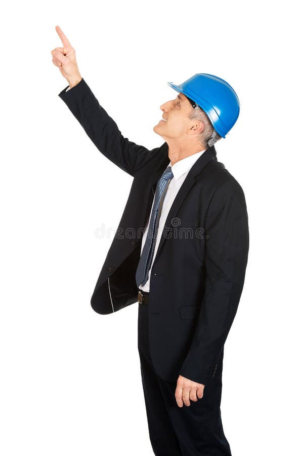 Side View of Businessman Engineer Pointing Up Stock Photo - Image of ...